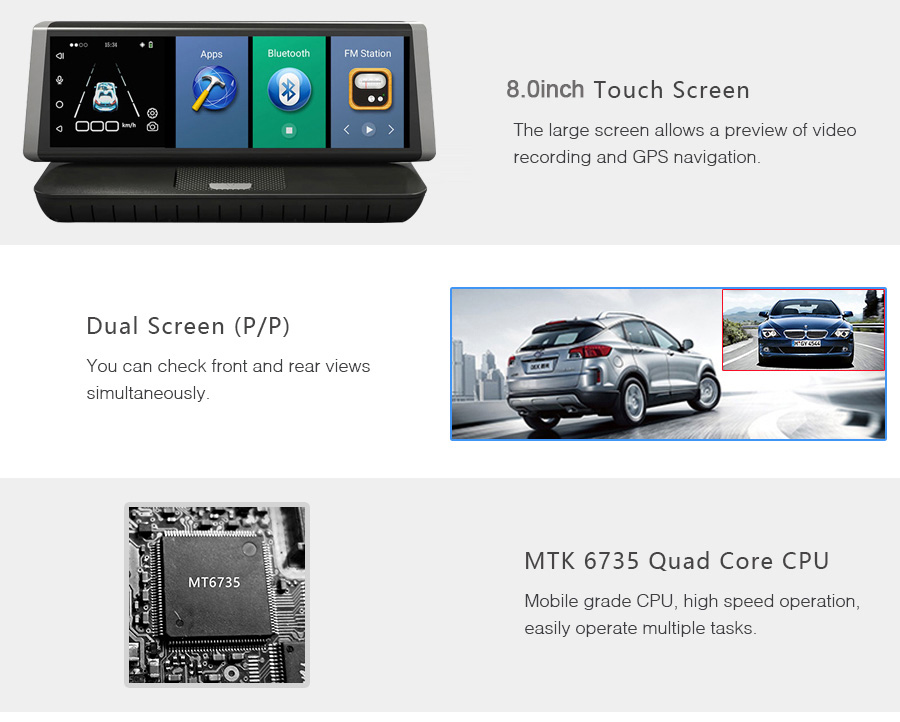 E02 MTK6735 8 Inch IPS 4G Dash Camera 1080P WiFi