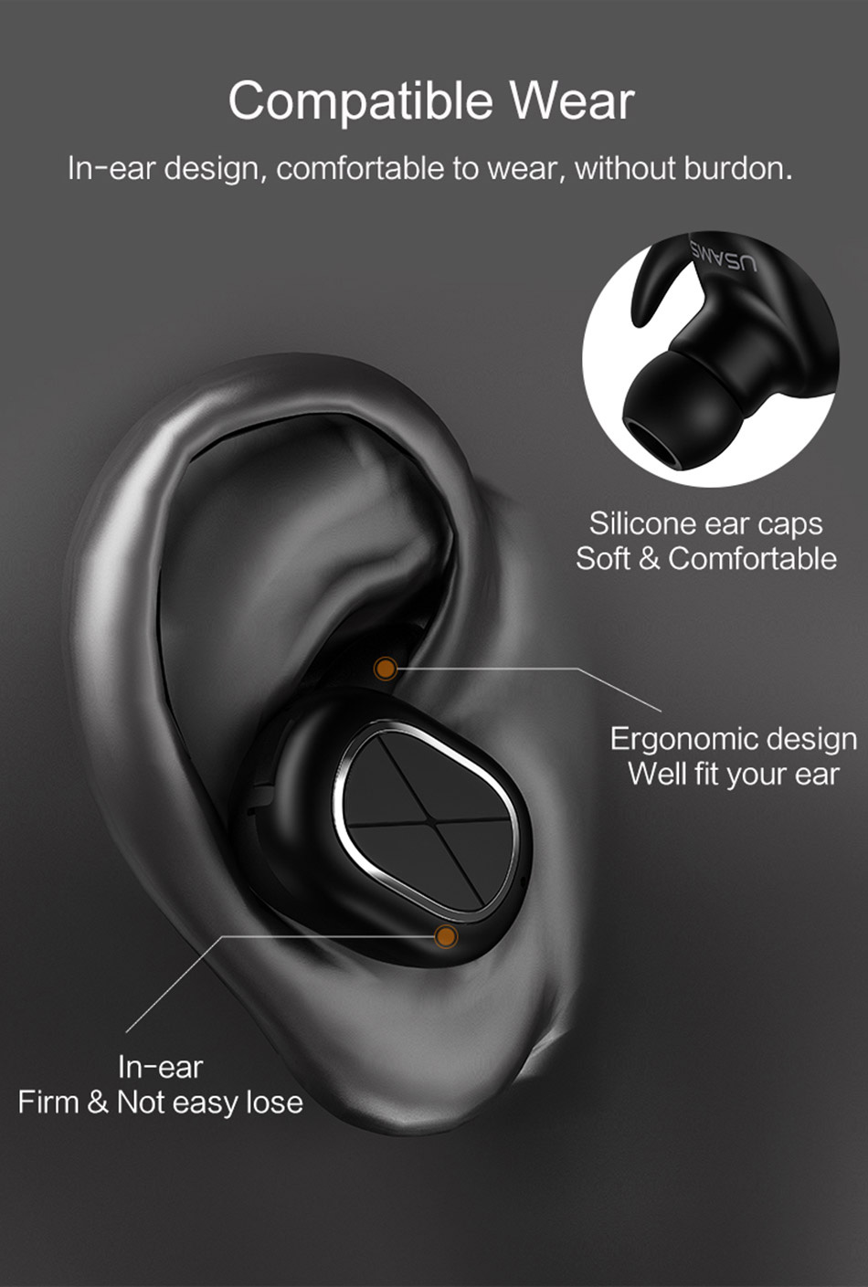 USAMS Wireless Bluetooth Earphone with Mic Black