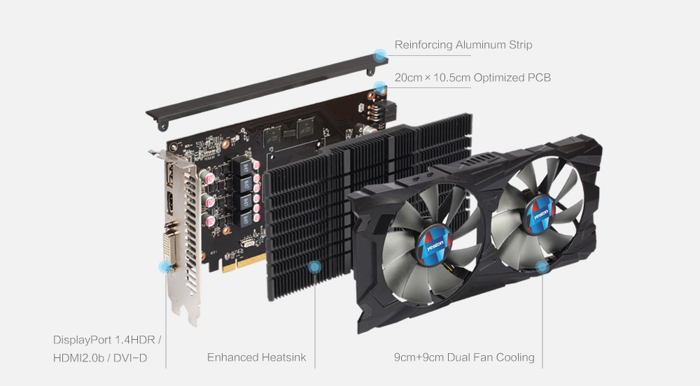 Yeston AMD RX550 4GD5 128Bit Graphics Card LED Backlit Double Fans