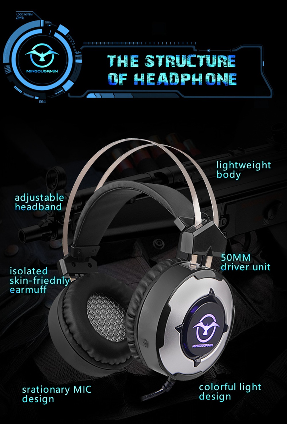 M1 Gaming Headset Colorful Glowing with Mic Black Silver
