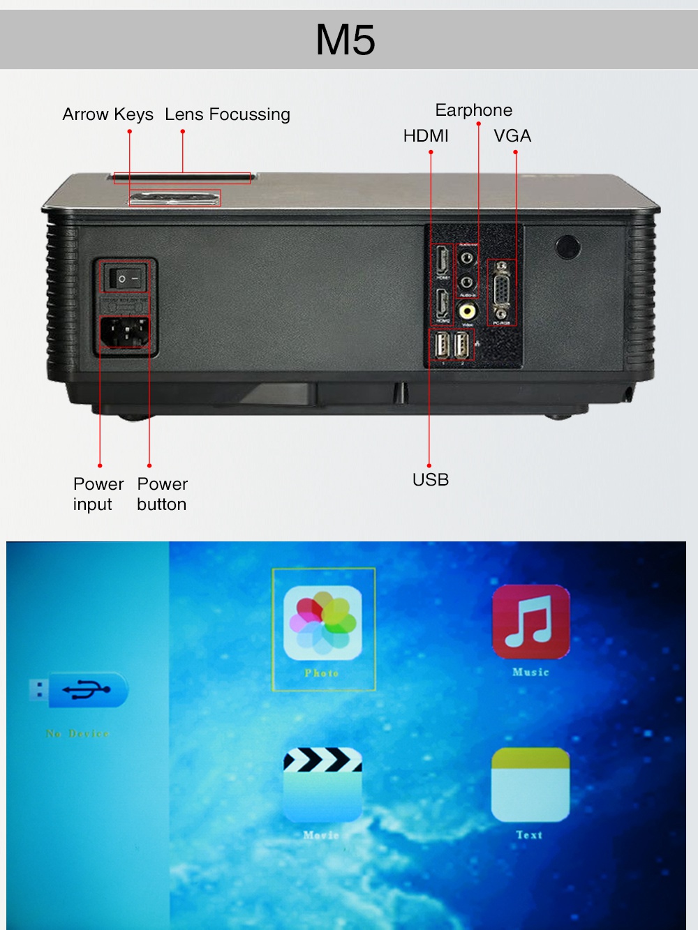 5.8 inch Screen Projector M5 LCD Screen Black