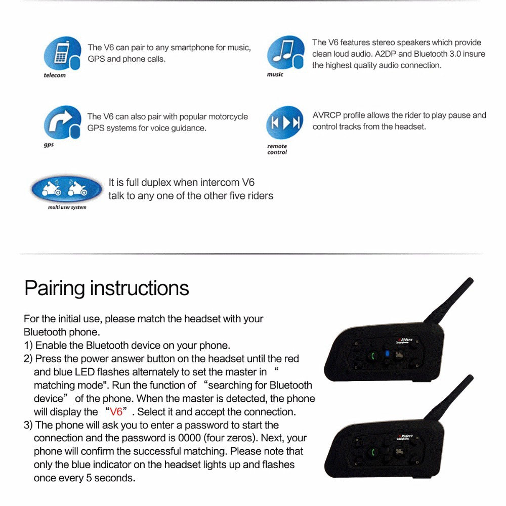 Vnetphone V6 Motorcycle Helmet Intercom Bluetooth V3.0