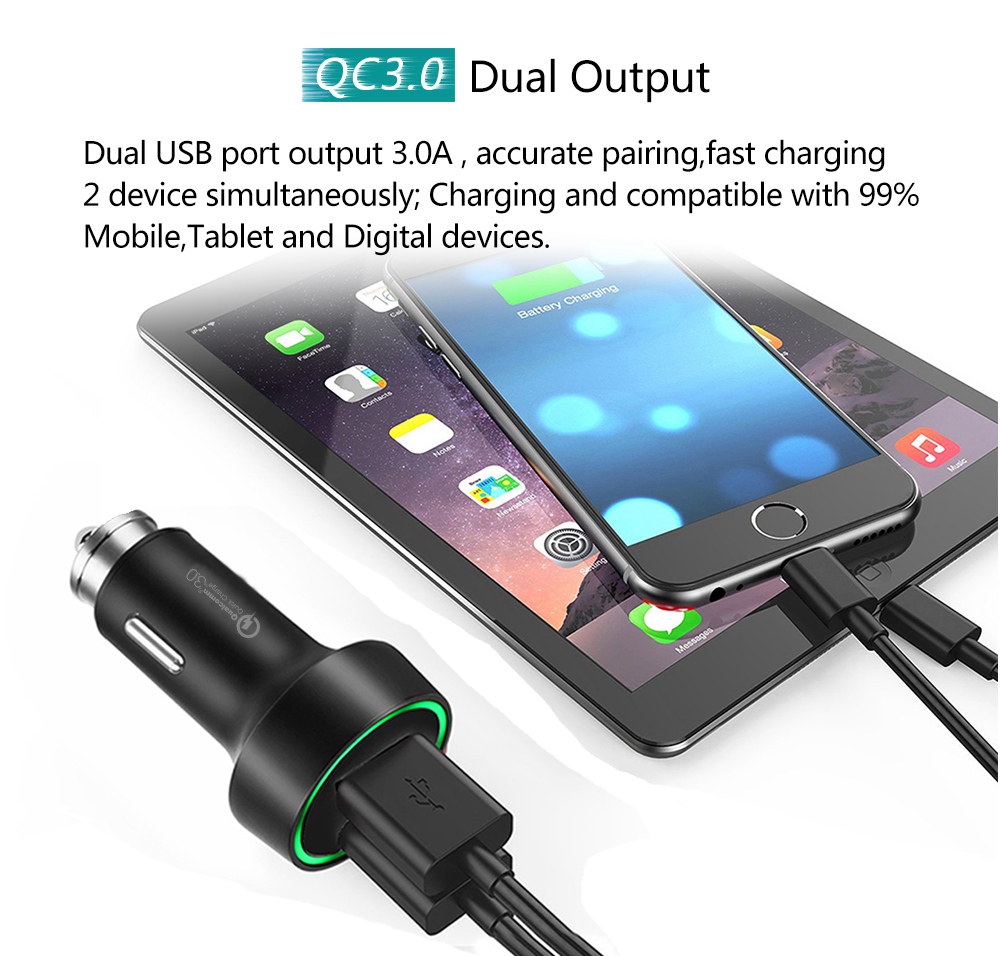 Usmei QC07 Car Charger Dual USB Ports QC3.0 Charging Technology