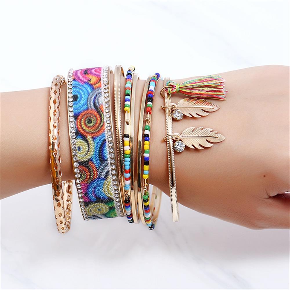 Women's Metal Beaded Diamond Tassel Leaves Bracelets Multied Colour