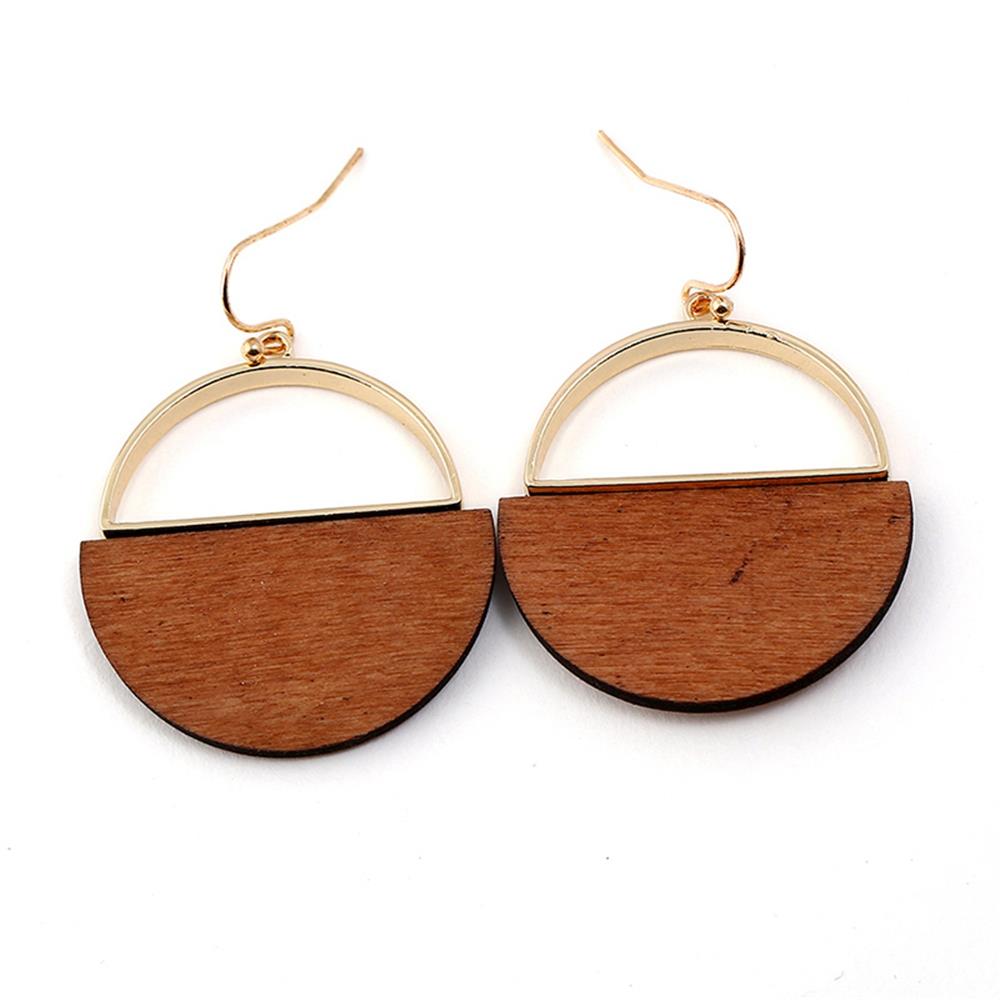 Women's Brown Wooden Round Shape Earrings Set Gold