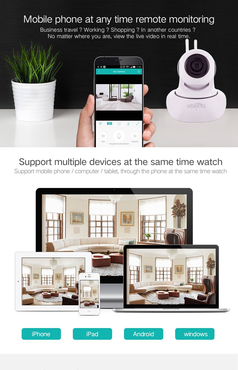 VESKYS N12 720P Wifi IP Camera White US Plug
