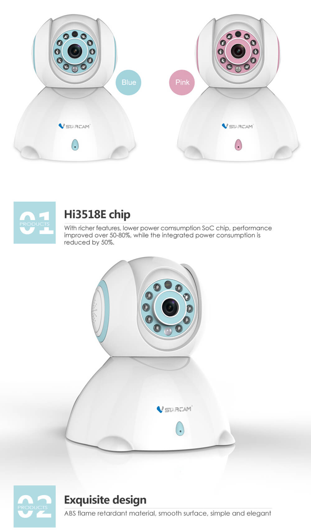 Vstarcam C7842WIP 720P HD WiFi IP Camera White Pink UK Plug