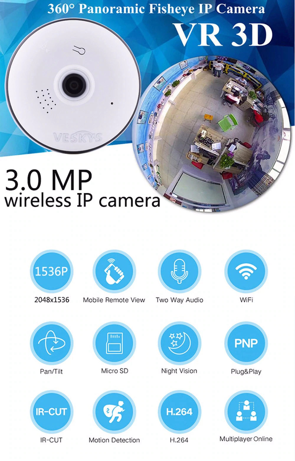 VESKYS N1 1536P 3.0MP Mini HD WiFi IP Camera Black EU Plug
