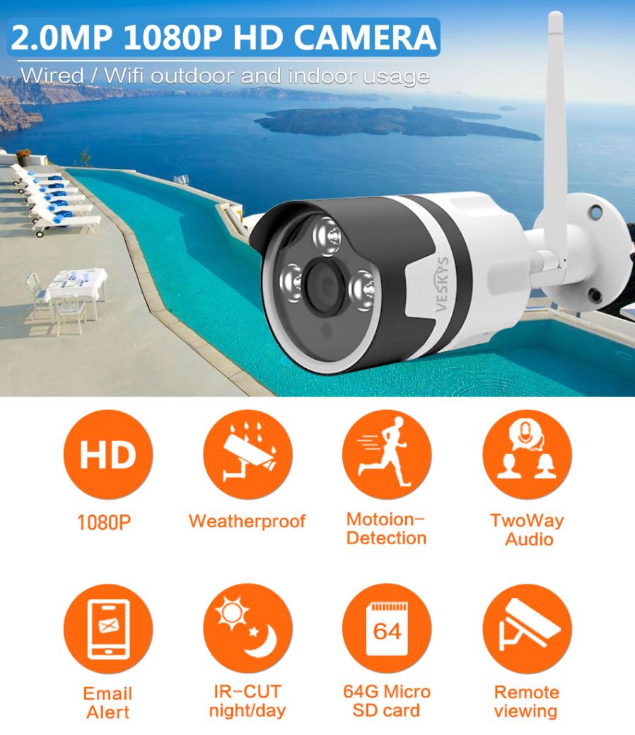 VESKYS N13 1080P 2.0MP Outdoor WIFI IP Camera White EU Plug