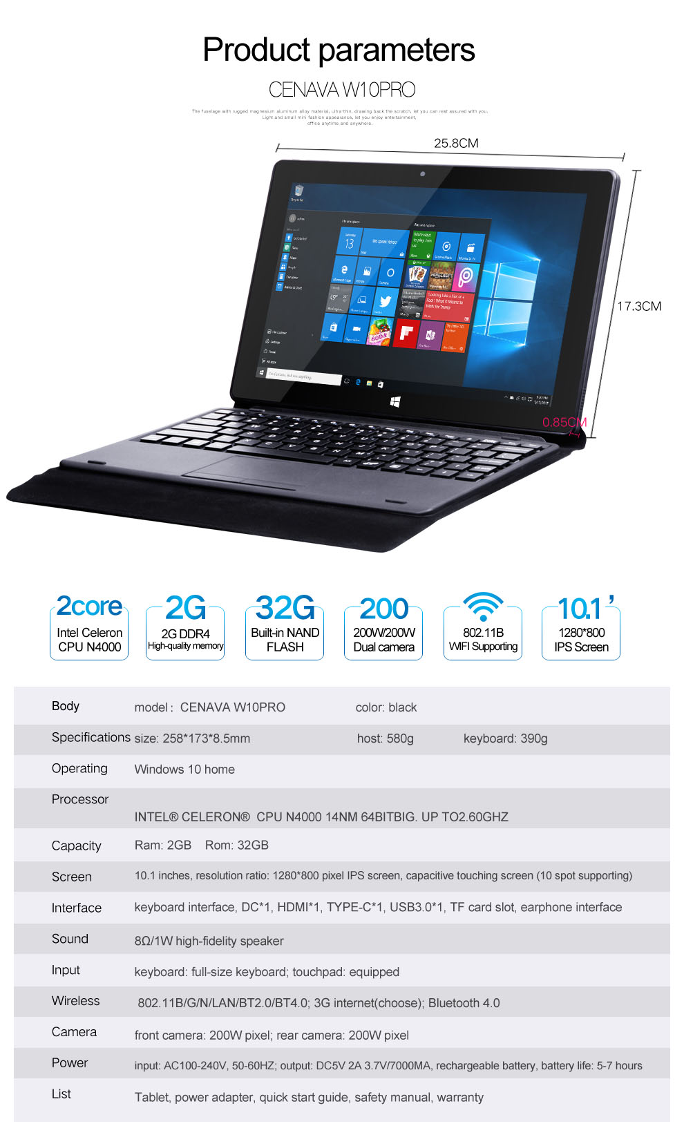 Cenava W10 Pro Tablet PC 2GB 32GB Black