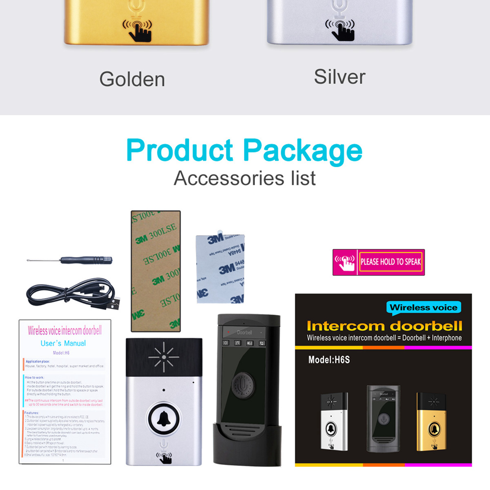 H6S 1v1 Wireless Voice Intercom Doorbell Silver Black