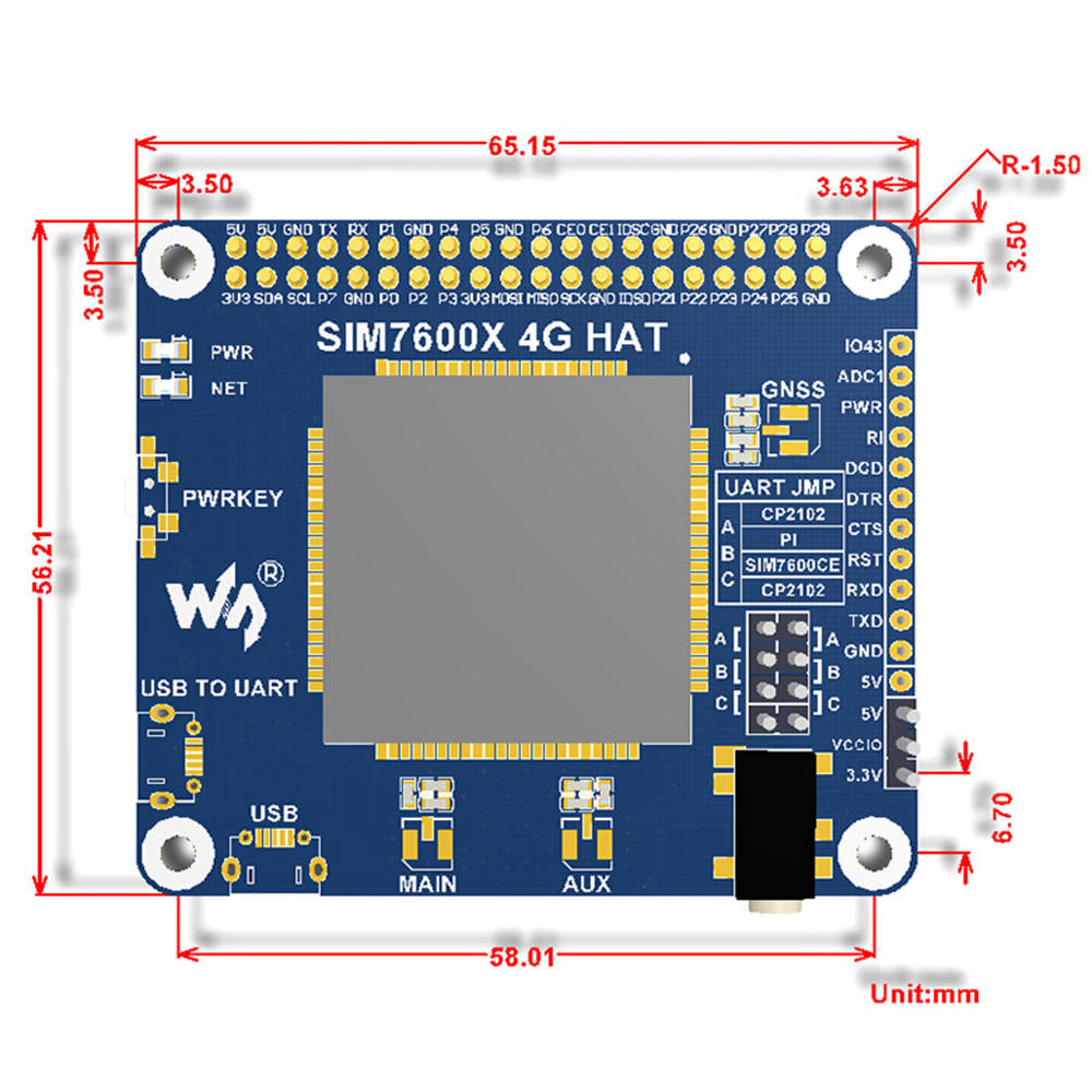 Waveshare SIM7600CE 4G HAT Expansion Board Blue