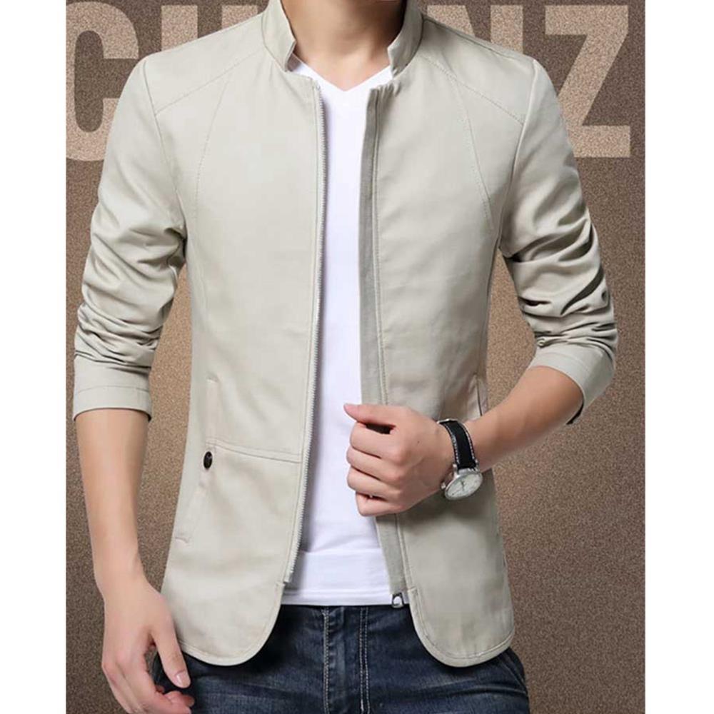 Mens Stand Collar Slim Fit Zipper Jacket Beige