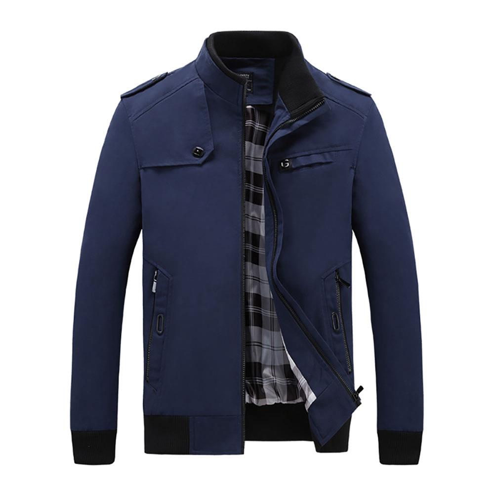 CA9801 Men Casual Lapel Grid Polyester Jacket Size L Dark Blue