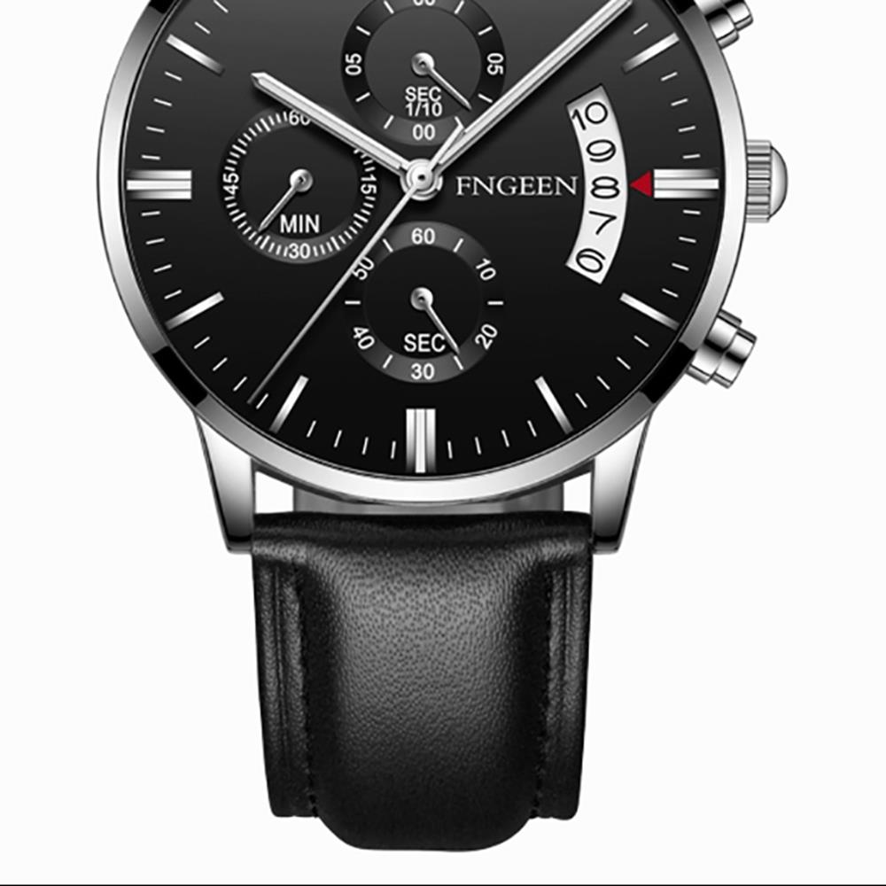 FNGEEN 5055 Men's PU Leather Watch White and Black