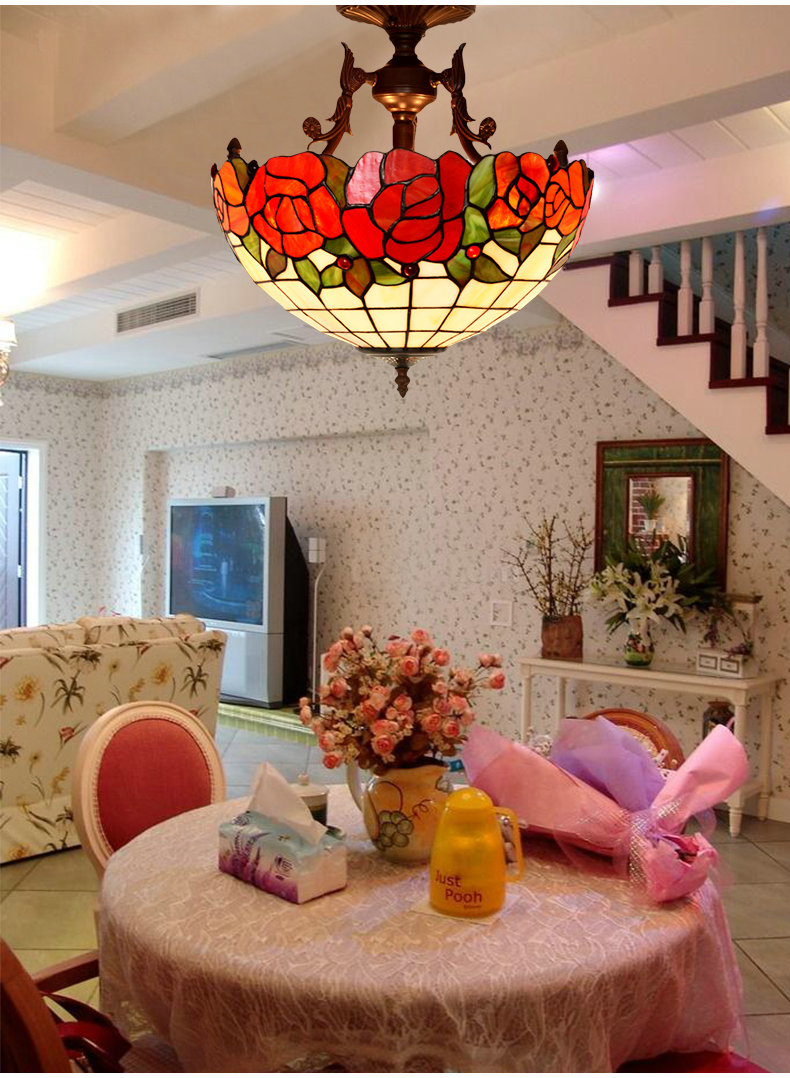 FUMAT Tiffany Style Red Rose Flower Ceiling Light