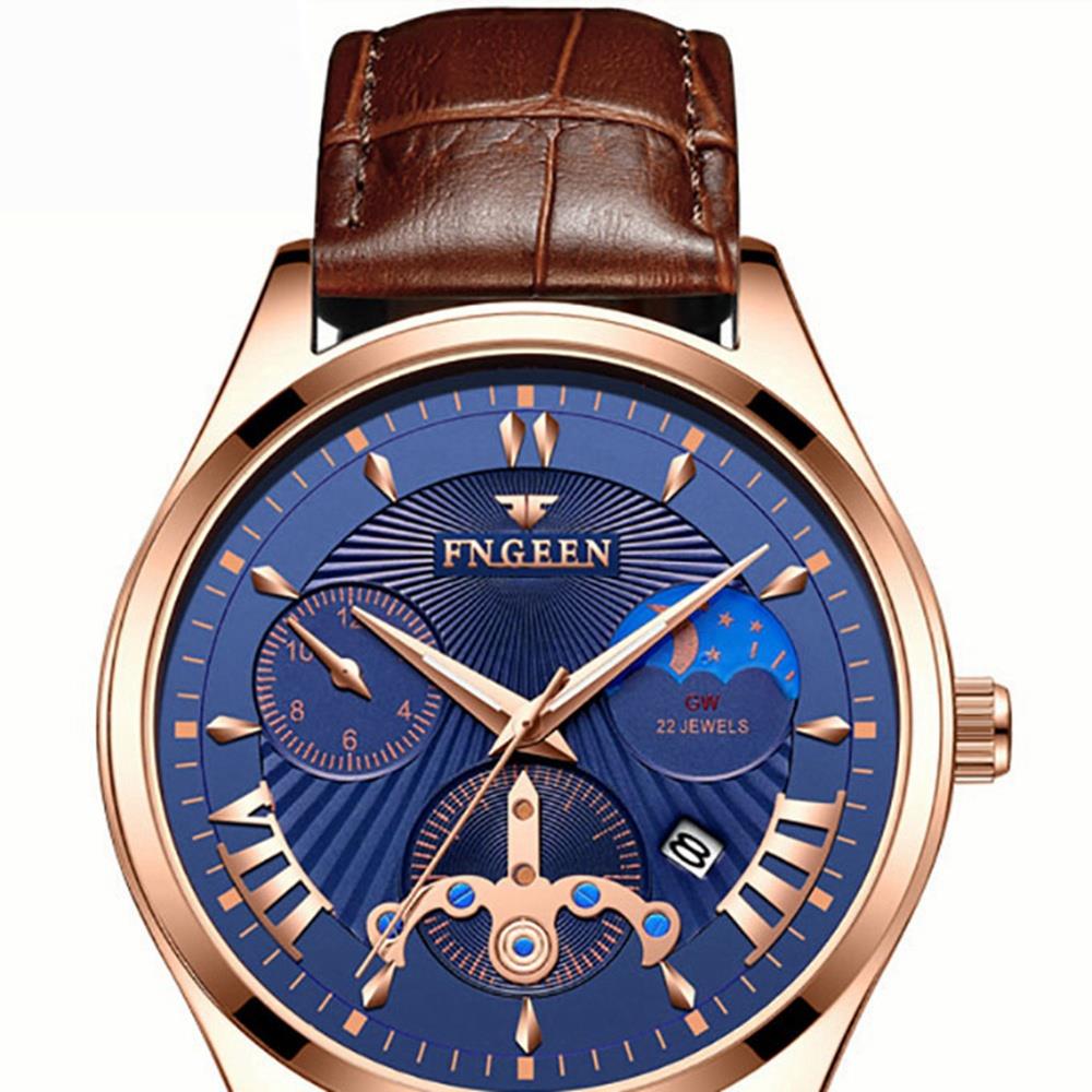 FNGEEN 5606 Men's PU Leather Watch Rose Gold and Blue