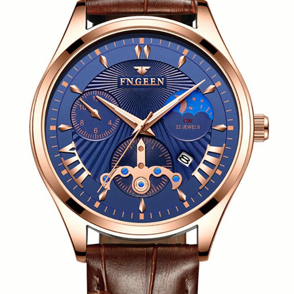 FNGEEN 5606 Men's PU Leather Watch Rose Gold and Blue
