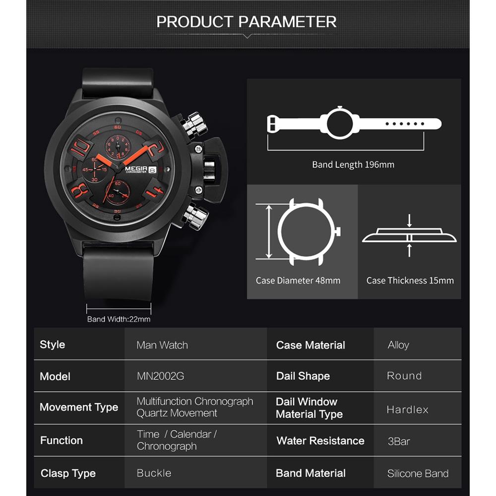 MEGIR 2002 Men Quartz Watch Analog Display Silicone Band Black