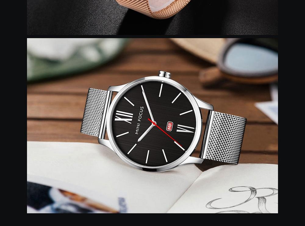 MINI FOCUS MF0018G Men Thin Quartz Watches Stainless Steel Strap Black