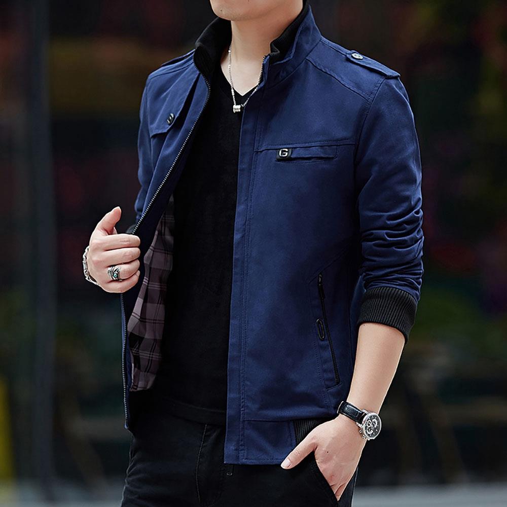CA9801 Men Casual Lapel Grid Polyester Jacket Size L Dark Blue