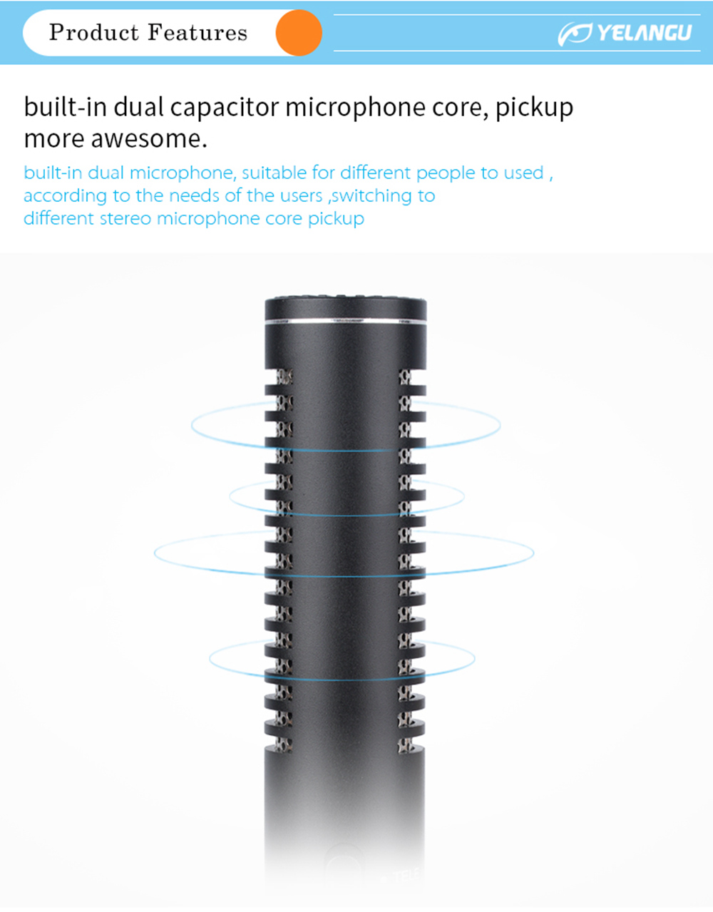 Yelangu MIC01 Outdoor Microphone Portable Audio Output Line Black