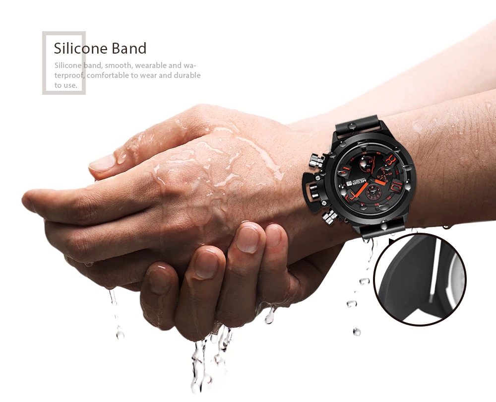 MEGIR 2002 Men Quartz Watch Analog Display Silicone Band Black