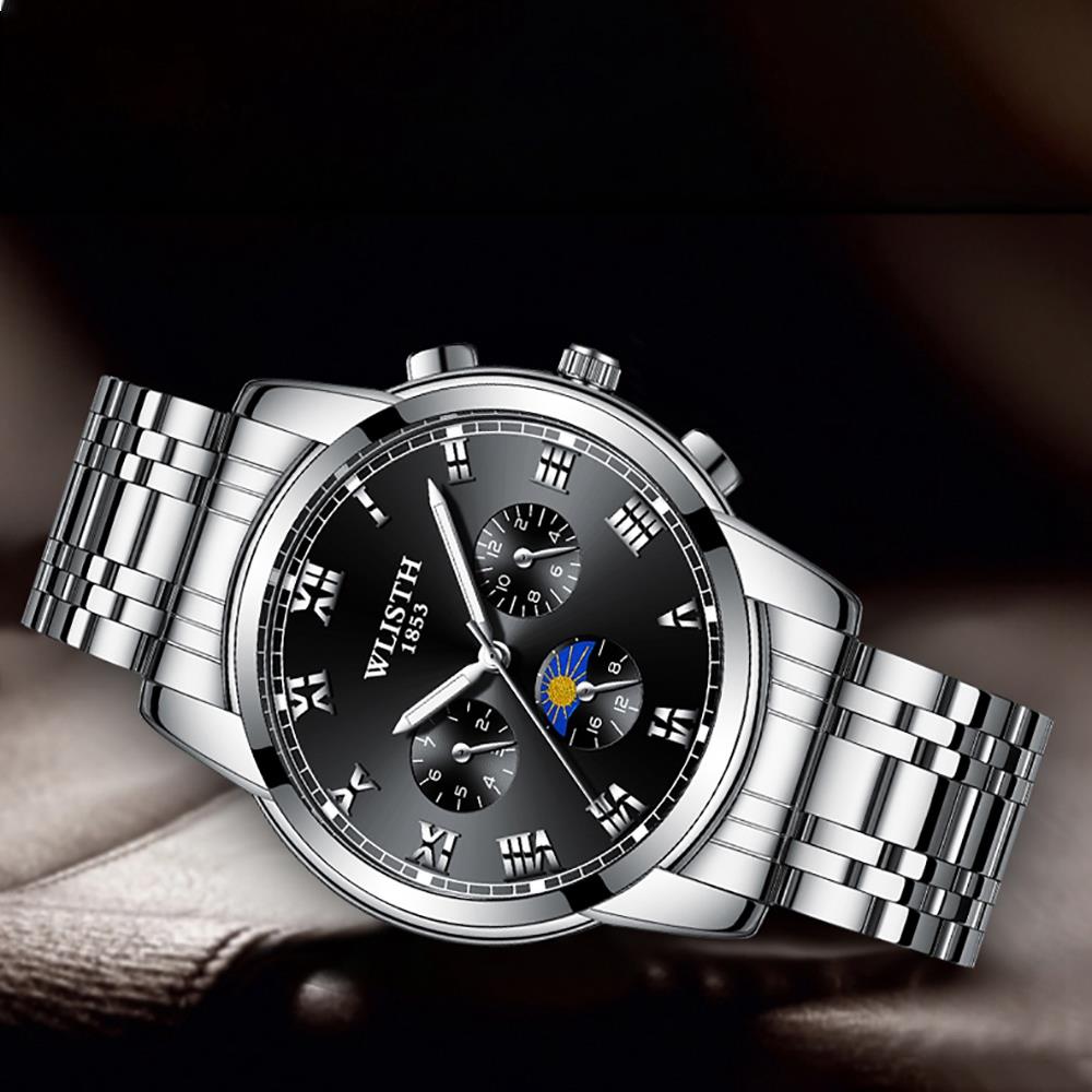 WLISTH S509 Men Quartz Wrist Watch Stainless Steel Strap Silver Black