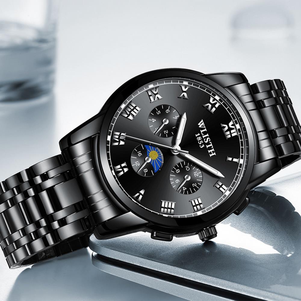 WLISTH S509 Men Quartz Wrist Watch PU Leather Strap Black