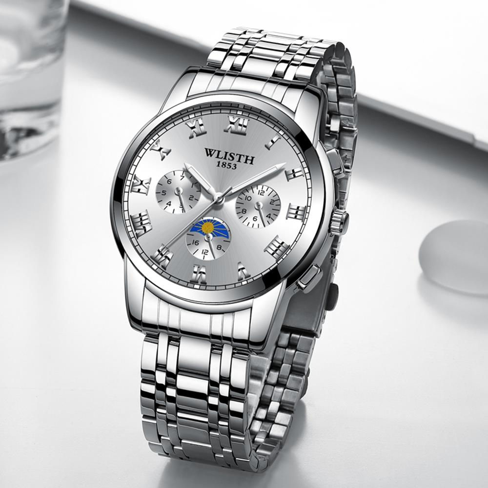 WLISTH S509 Men Quartz Wrist Watch Stainless Steel Strap Silver White