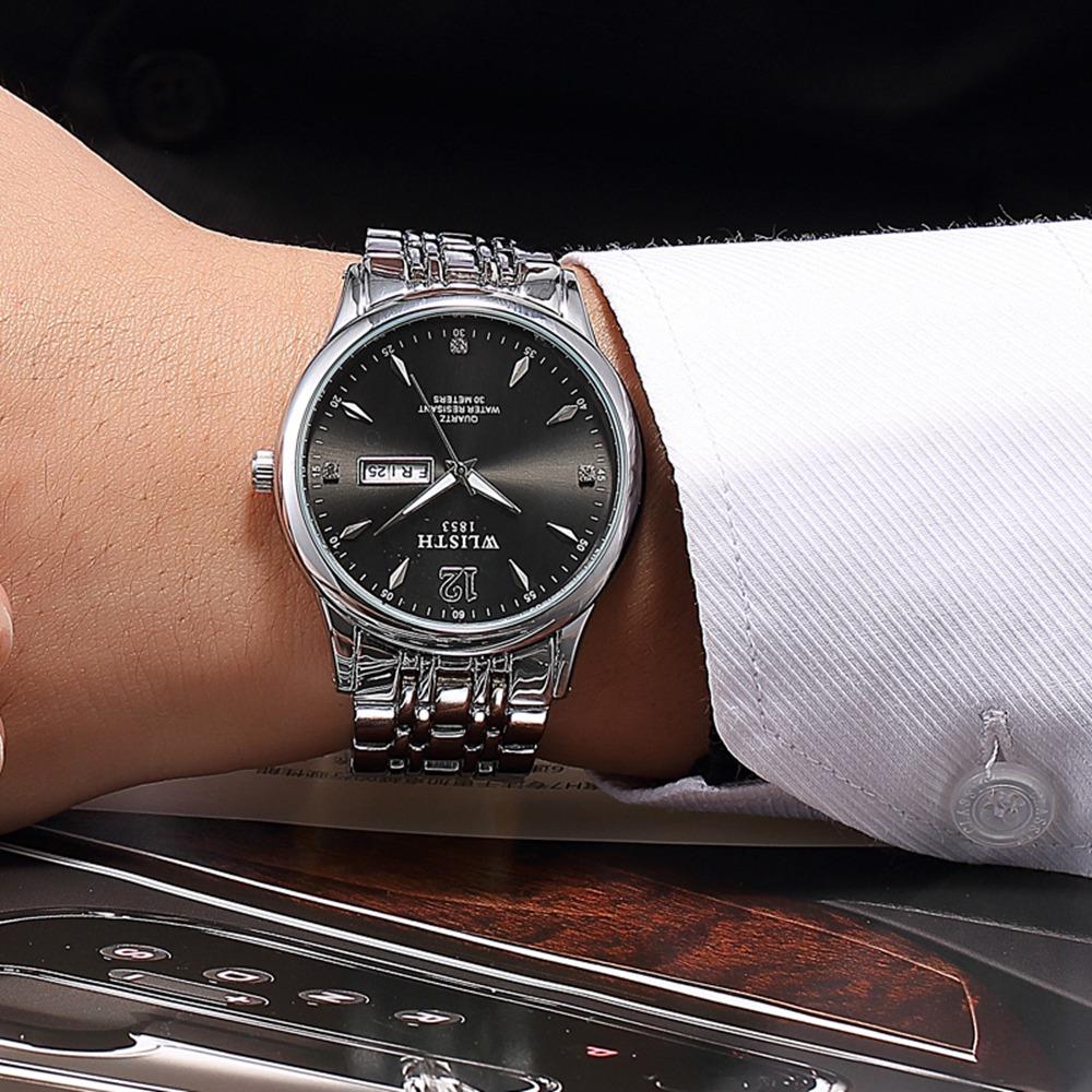 WLISTH S507 Men Quartz Wrist Watch Stainless Steel Strap Silver Black