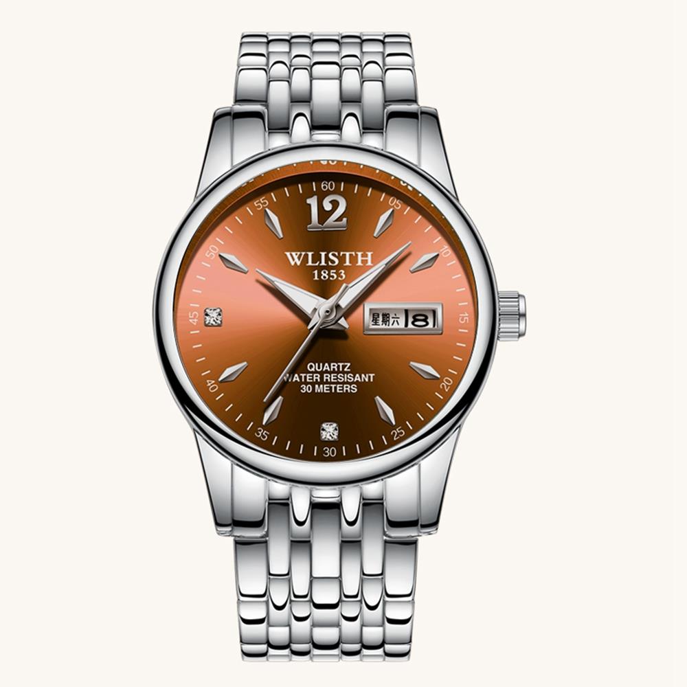 WLISTH S507 Men Quartz Wrist Watch Stainless Steel Strap Silver Brown