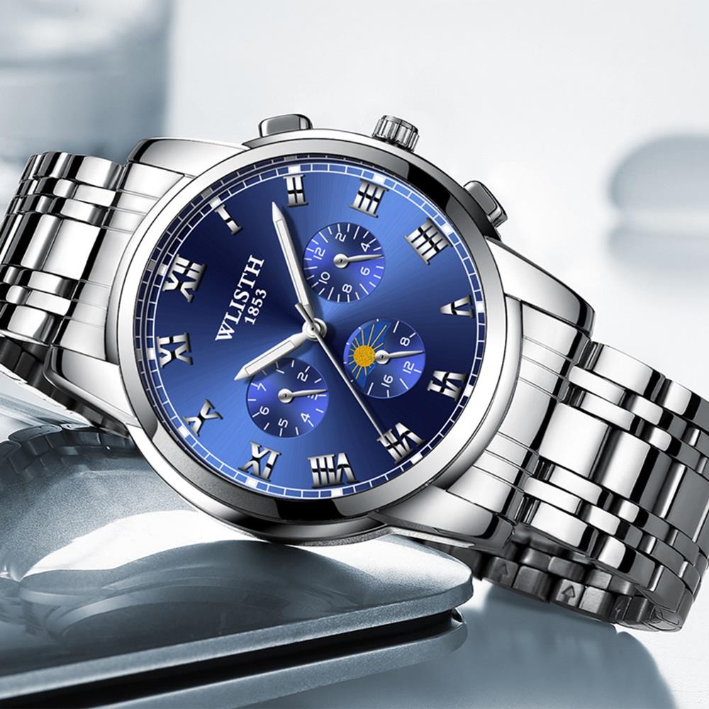 WLISTH S509 Men Quartz Wrist Watch Stainless Steel Strap Silver Blue