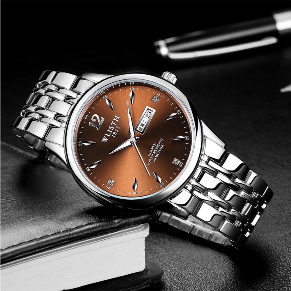 WLISTH S507 Men Quartz Wrist Watch Stainless Steel Strap Silver Brown