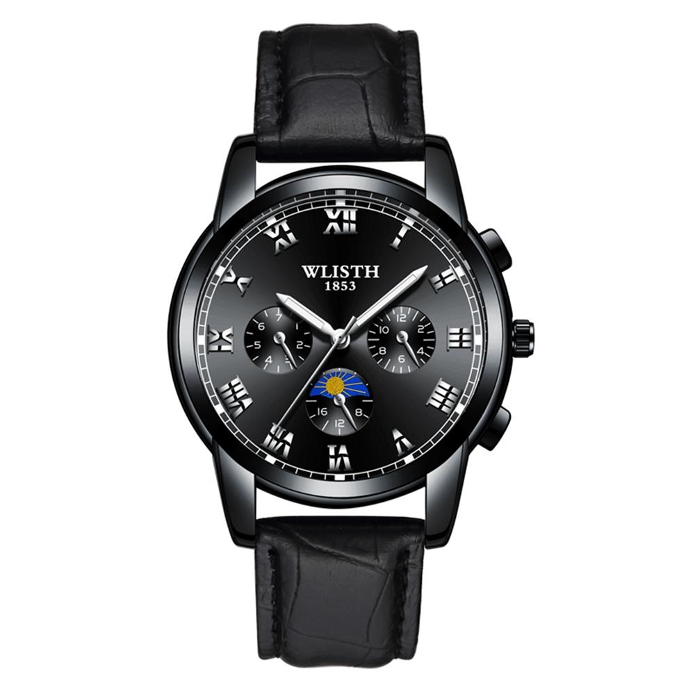 WLISTH S509 Men Quartz Wrist Watch PU Leather Strap Black