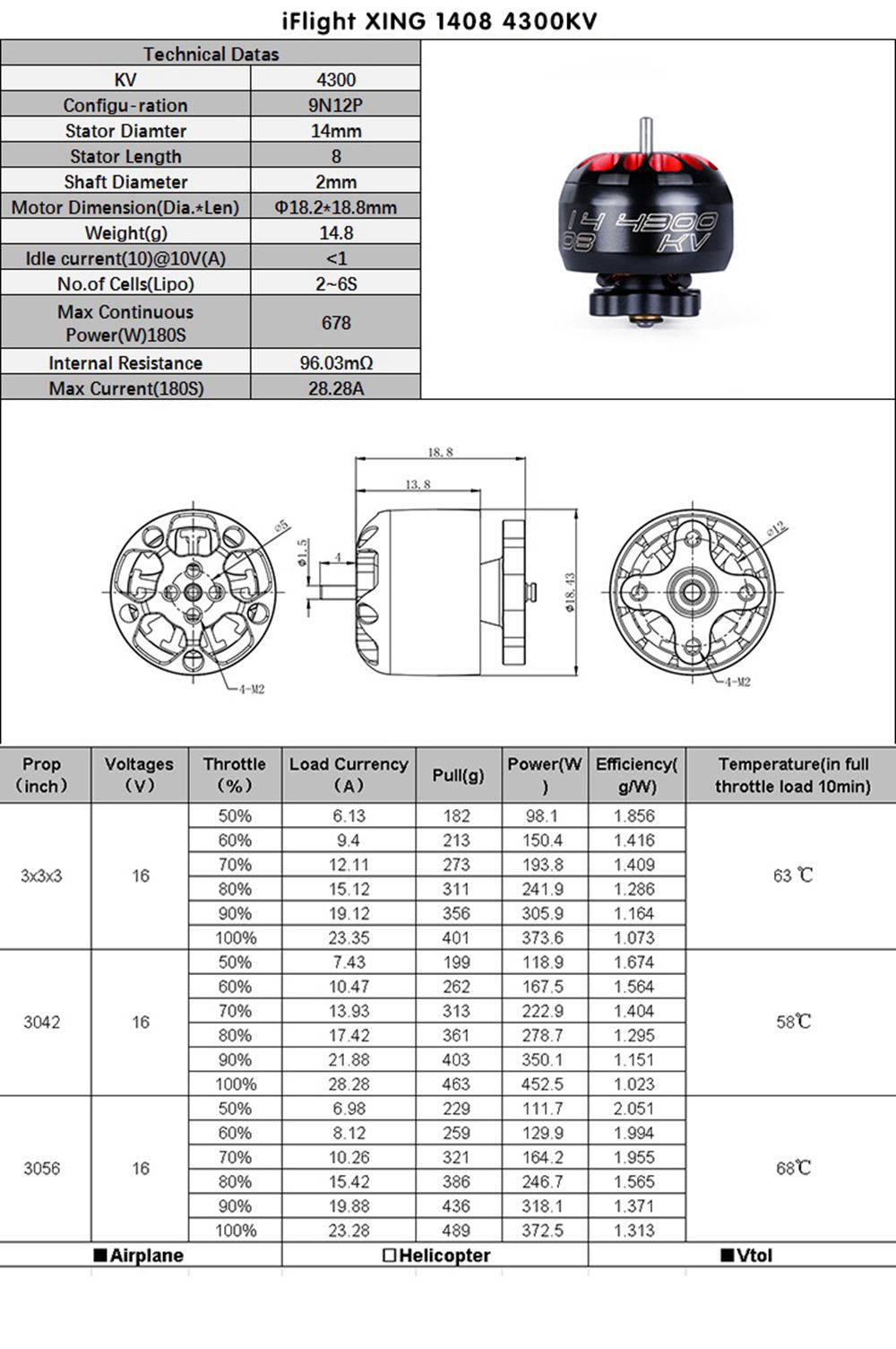 IFLIGHT B006519 1408 4300KV 2-6S Brushless Motor