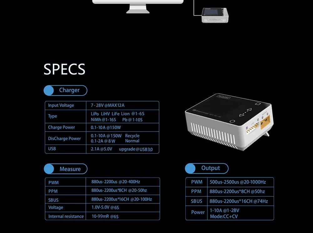 ToolkitRC M6 150W 10A 2-6s Lipo Battery Charger LCD Screen Black