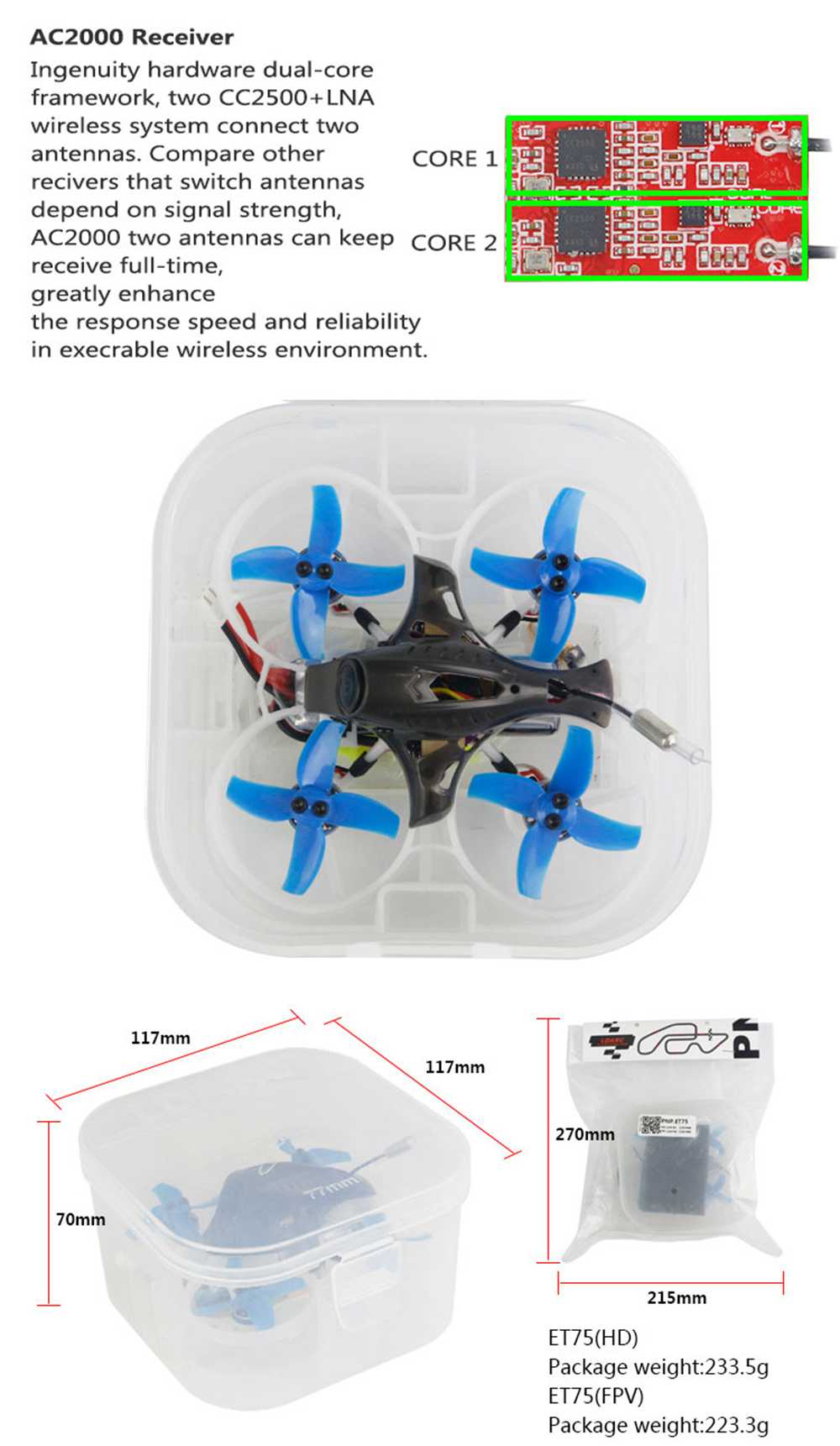 LDARC ET75 FPV Whoop FPV Racing Drone PNP With AC2000 Receiver Black