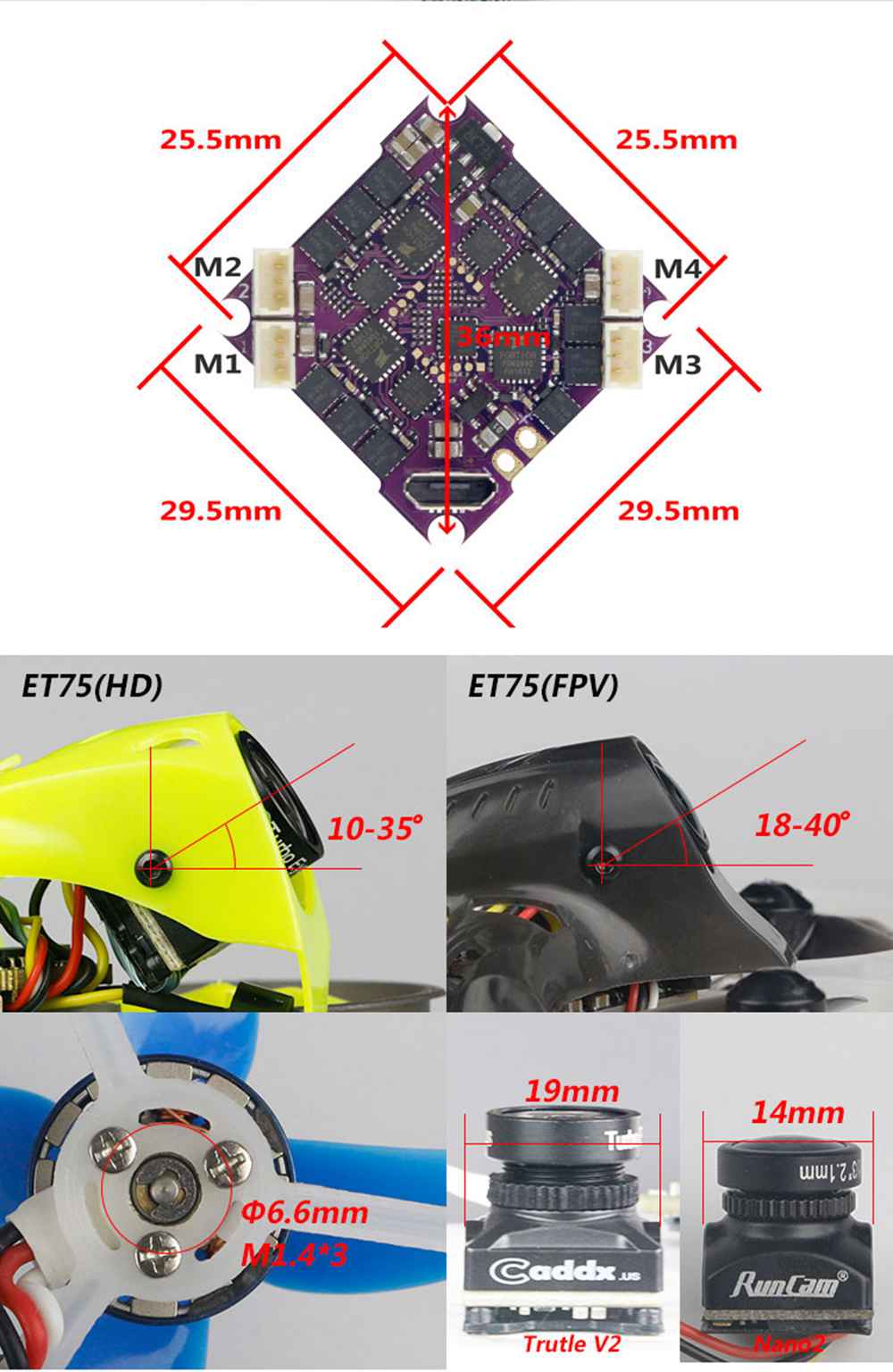 LDARC ET75 FPV Whoop FPV Racing Drone PNP With AC2000 Receiver Yellow