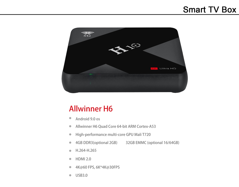 H10 TV Box Android9.0 Allwinner H6 4GB/64GB 2.4G+5G WIFI USB3.0