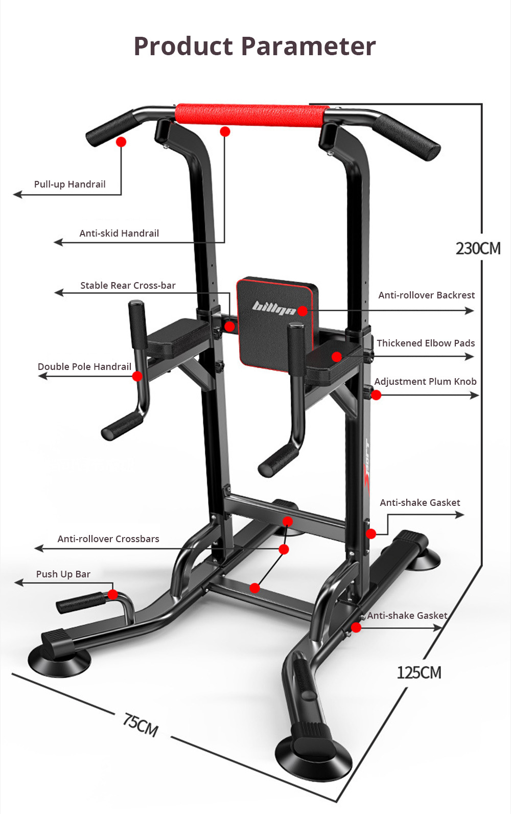 Multi-Function Adjustable Height Single Parallel Bars Black