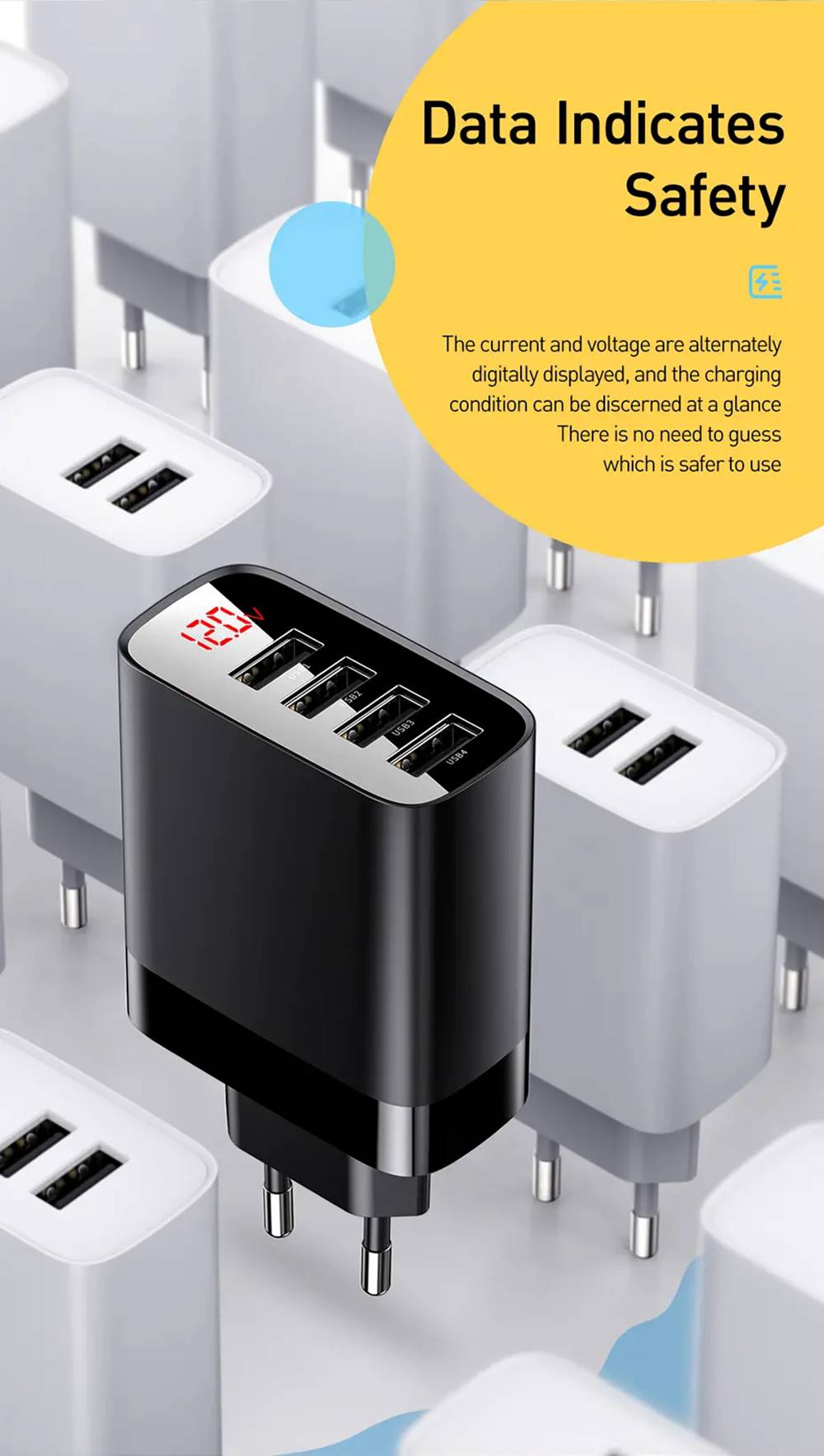 Baseus 30W 6A Quad USB Travel Charger EU Plug Black