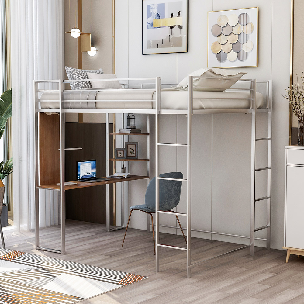 Full Size Metal Loft Bed Frame with Computer Desk Silver