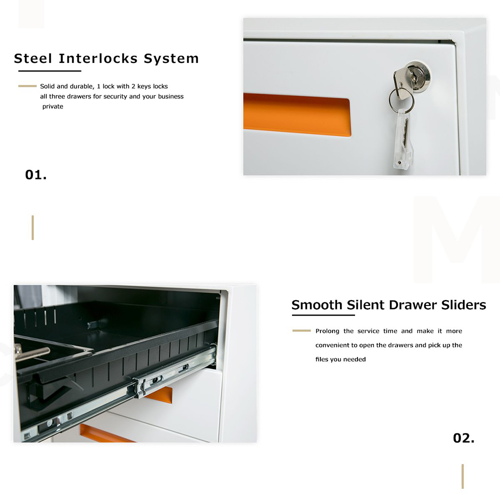 Home Office Steel Removable File Cabinet with 3 Drawers White + Orange