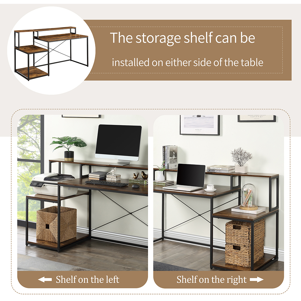 Home Office 59" Computer Desk with Three-layer Shelf Tiger