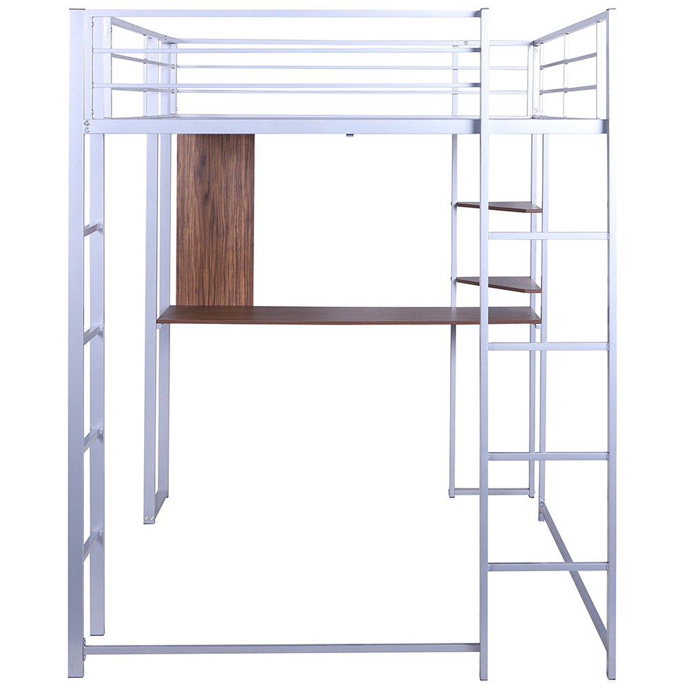 Full Size Metal Loft Bed Frame with Computer Desk Silver