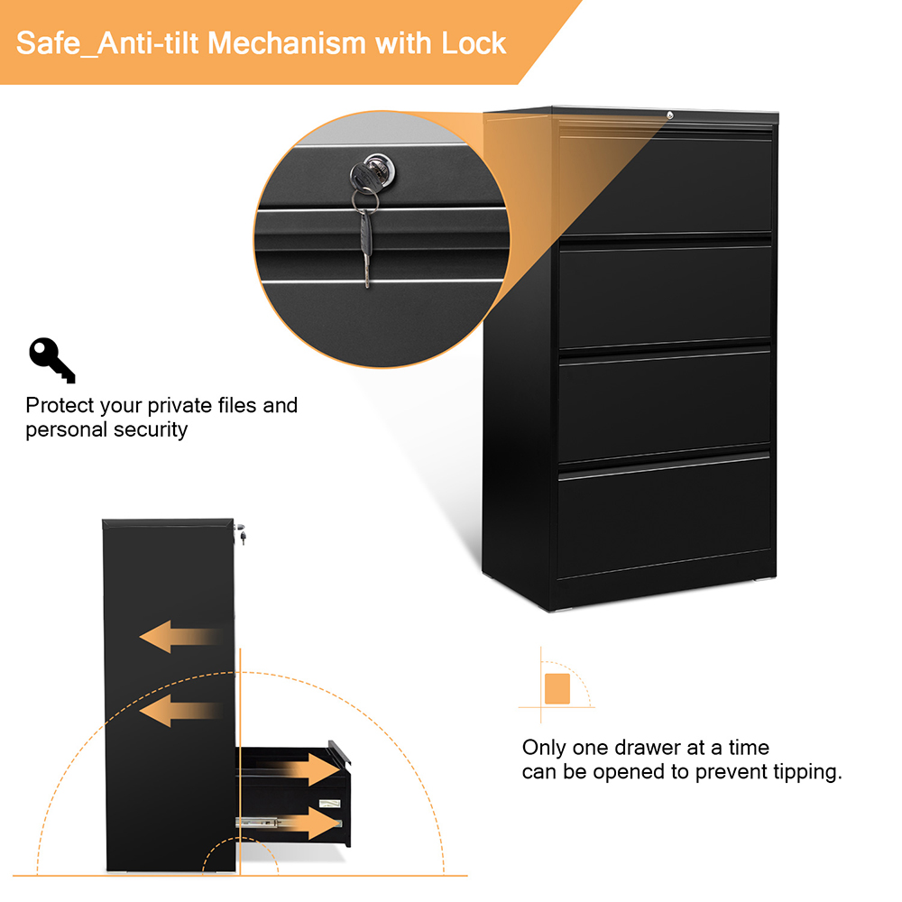 Lateral Metal Lockable File Cabinet with 4 Storage Drawers Black