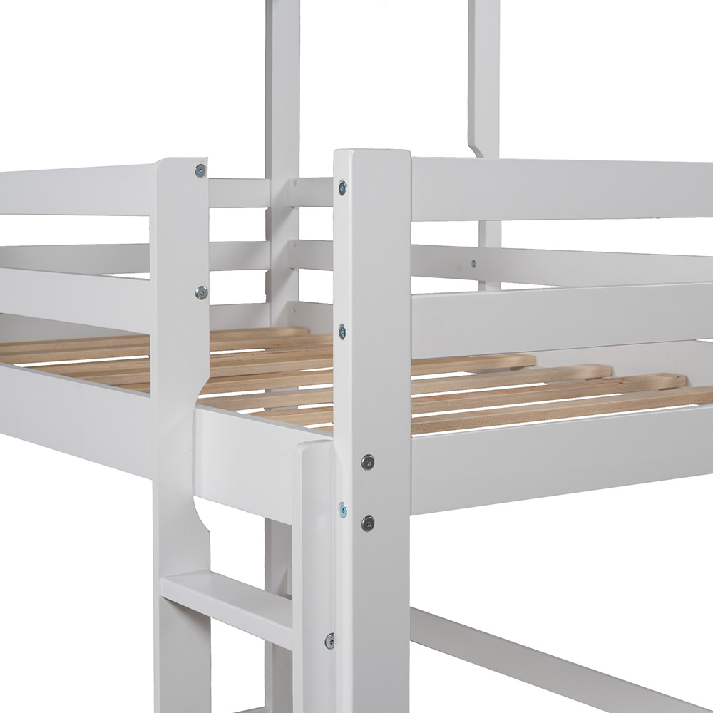 Twin Size Wooden Loft Bed Frame with Roof Gray + White