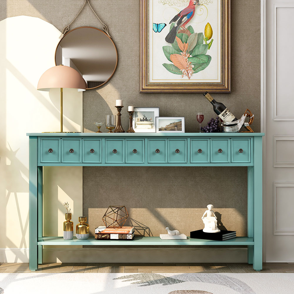 TREXM 60" Rustic Console Table with 4 Storage Drawers Blue