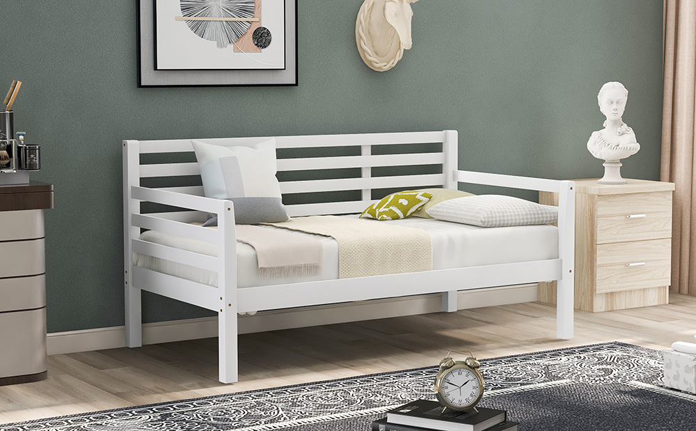Twin-Size Wooden Daybed Frame with Guardrail White